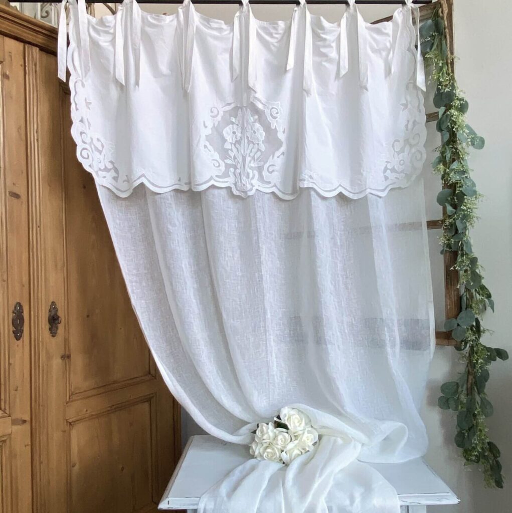 Rideau shabby romantique lin Blanc Mariclo - Déco d'Élise
